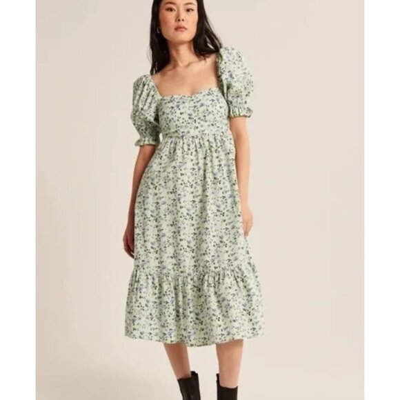 Abercrombie & Fitch | Dresses | Abercrombie Fitch Puff Sleeve Poplin Floral Green Midi Dress ...